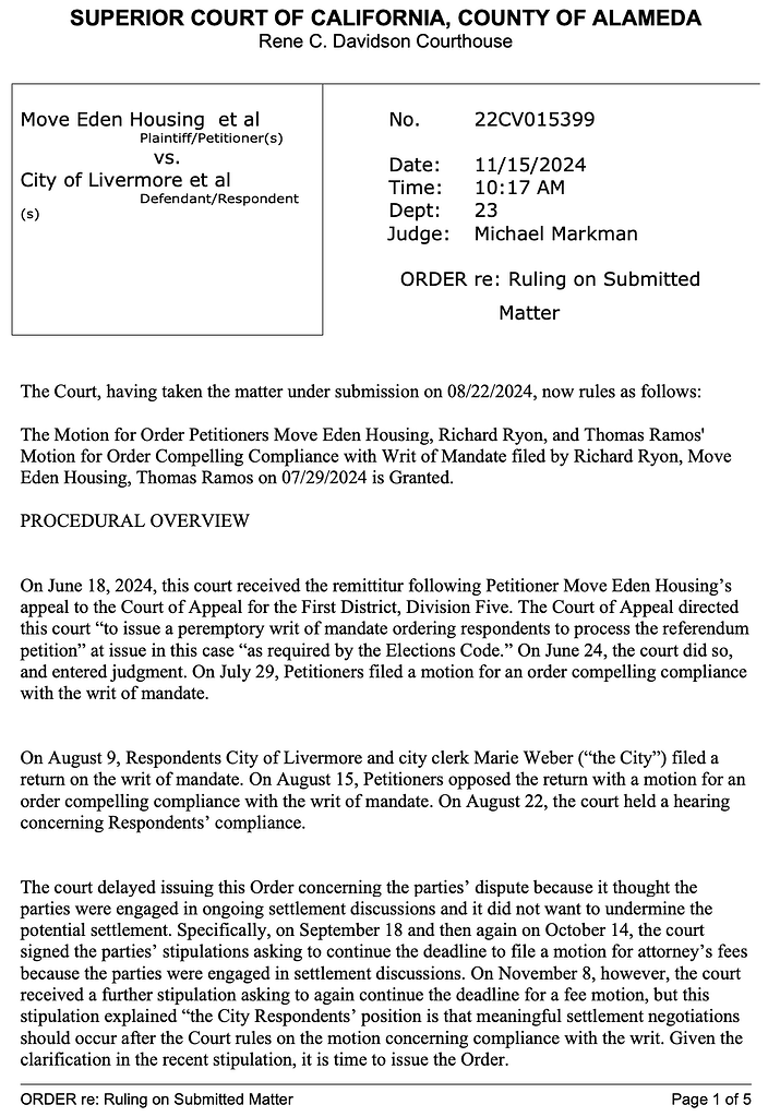 Judge Markman rules City of Livermore Violated Election Law - General ...